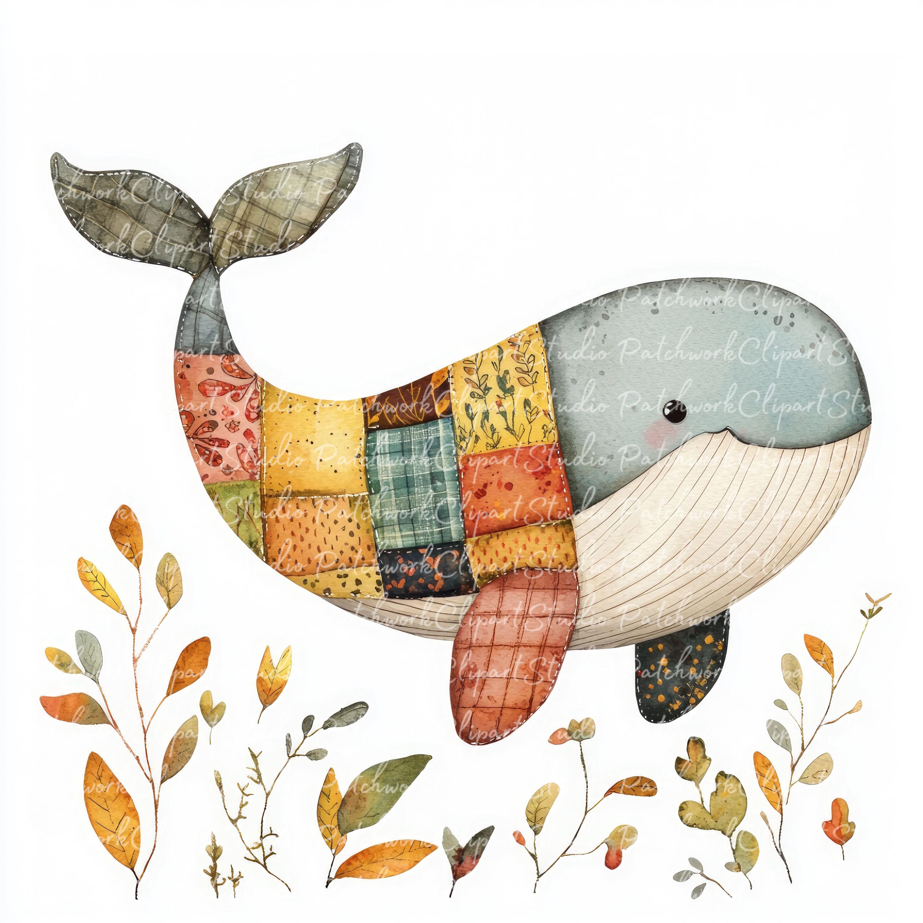 10 Autumn Whale Clipart Bundle, PNG & JPG, Printable Patchwork, Sea ...