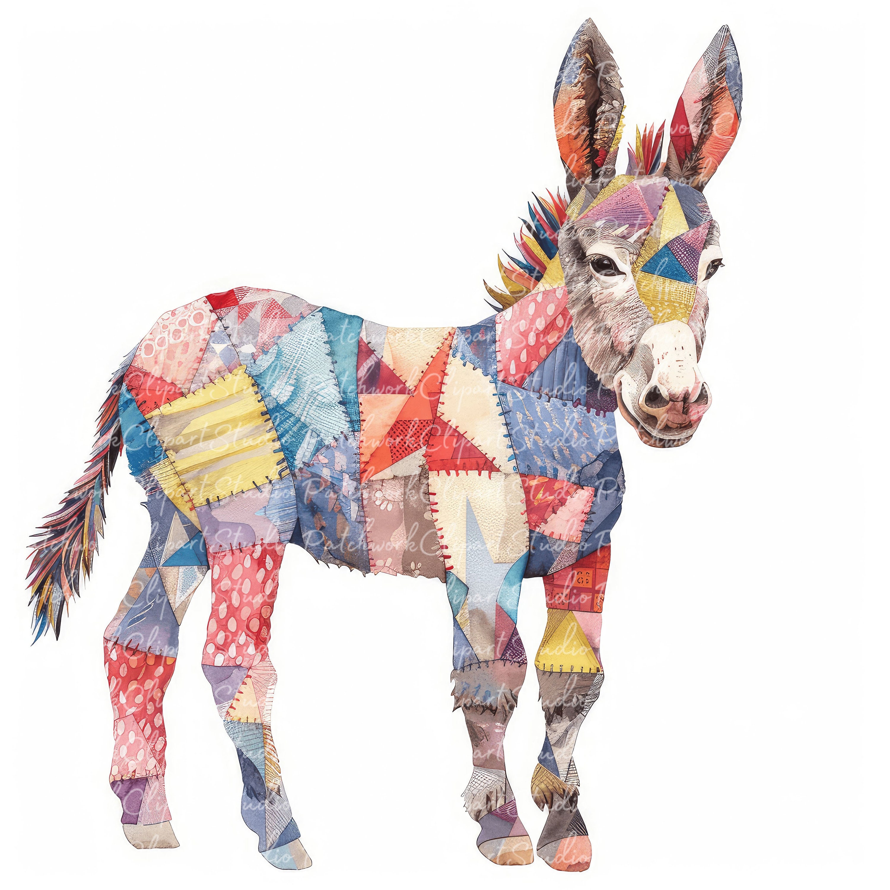 10 Donkeys Clipart Bundle, PNG & JPG, Printable Patchwork Donkey, Illustrations, Digital ...
