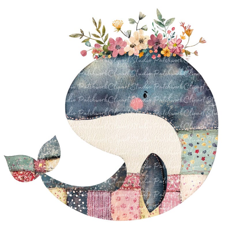10 Floral Whale Clipart Bundle, PNG & JPG, Printable Patchwork Whale ...