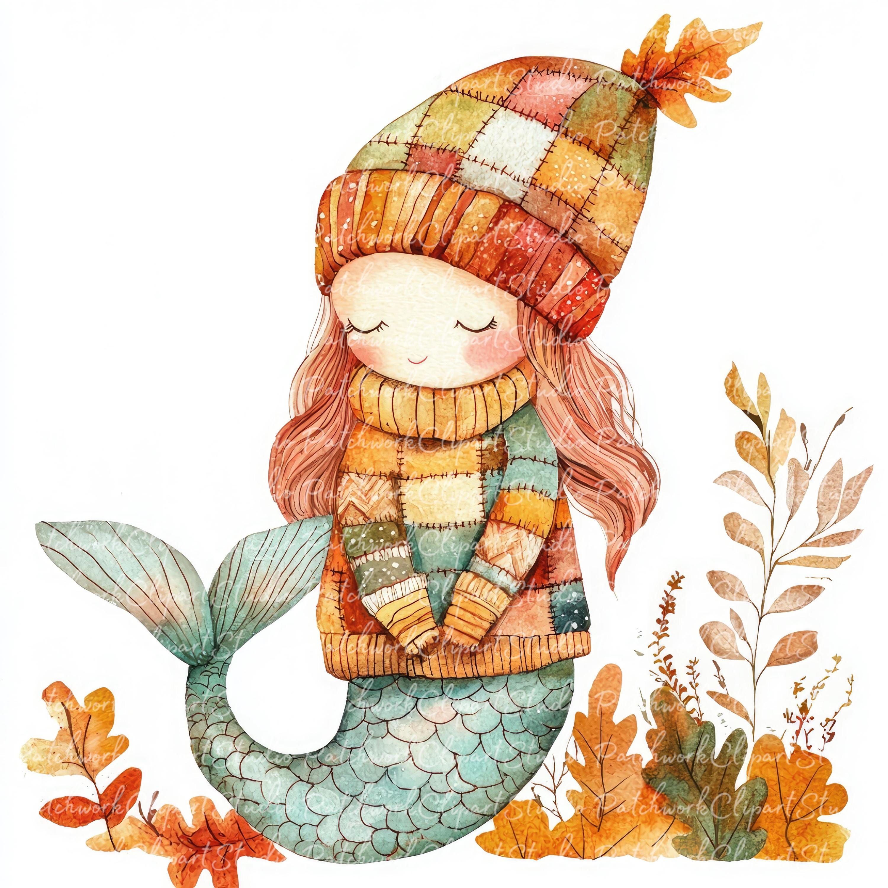10 Autumn Mermaid Clipart Bundle, PNG & JPG, Printable Patchwork ...