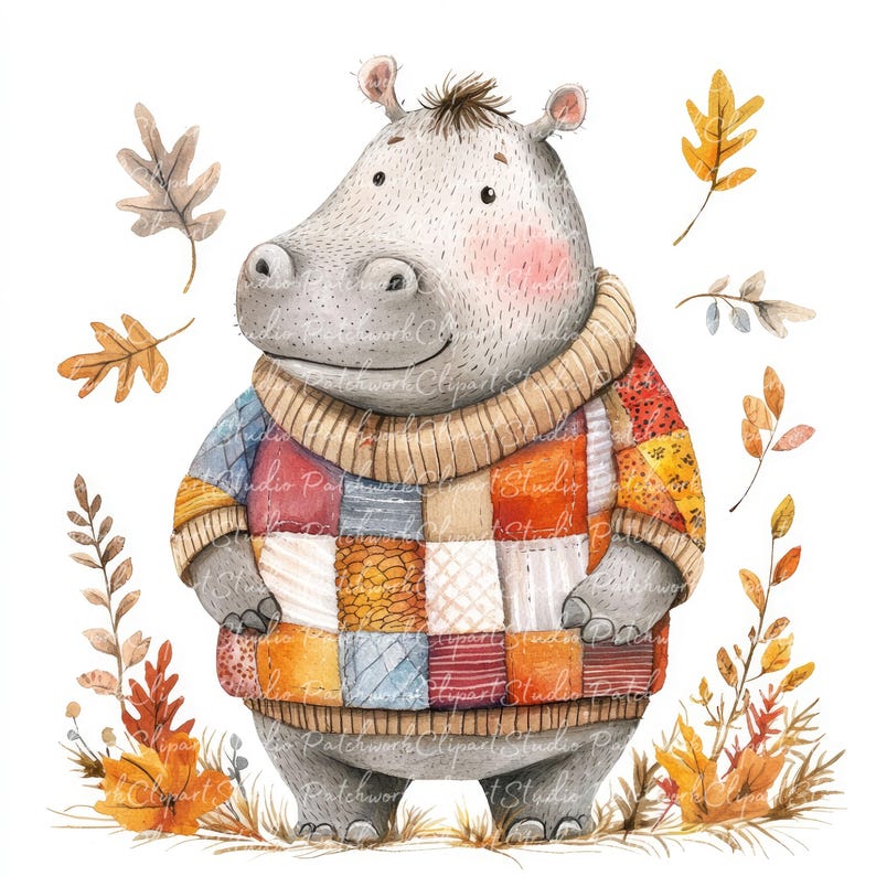 10 Autumn Hippo Clipart Bundle, PNG & JPG, Printable Patchwork, Hippo ...