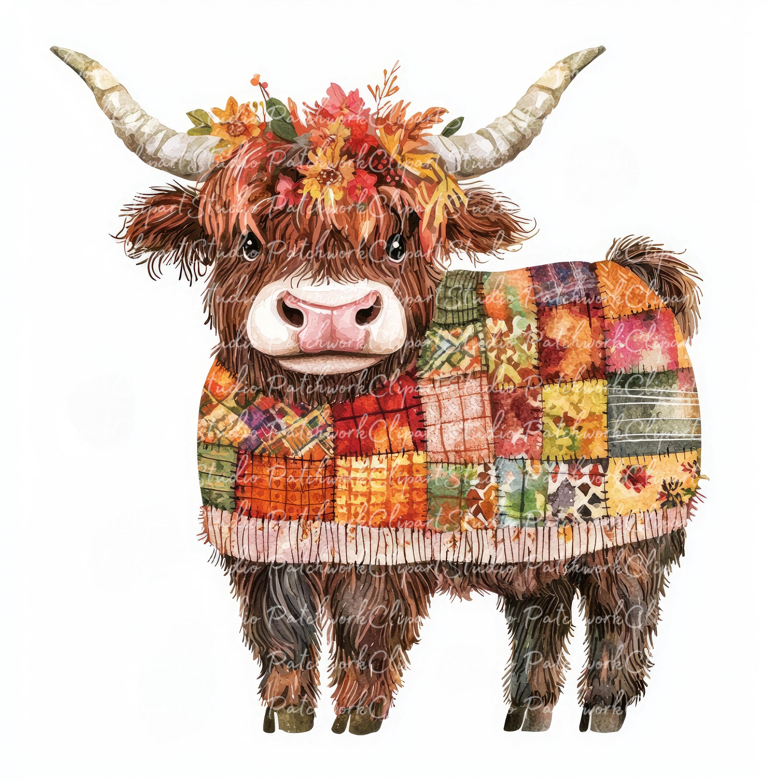 10 Autumn Highland Cow Clipart Bundle, PNG & JPG, Printable Patchwork ...