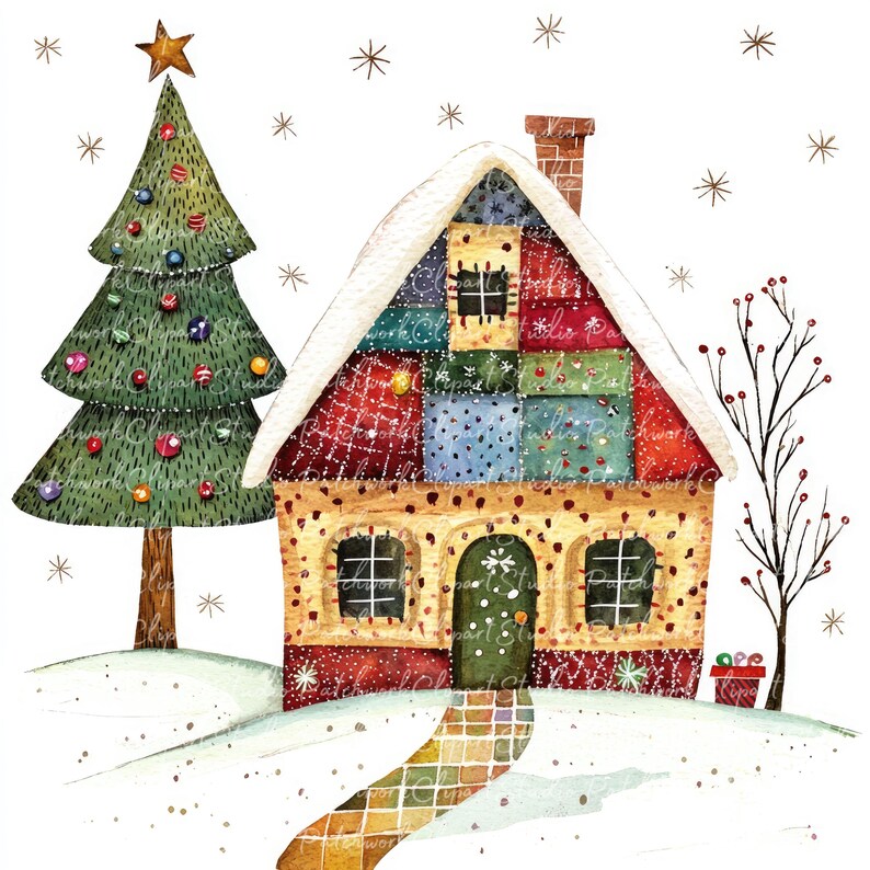 10 Christmas House Clipart Bundle, PNG & JPG, Printable Patchwork, Xmas ...