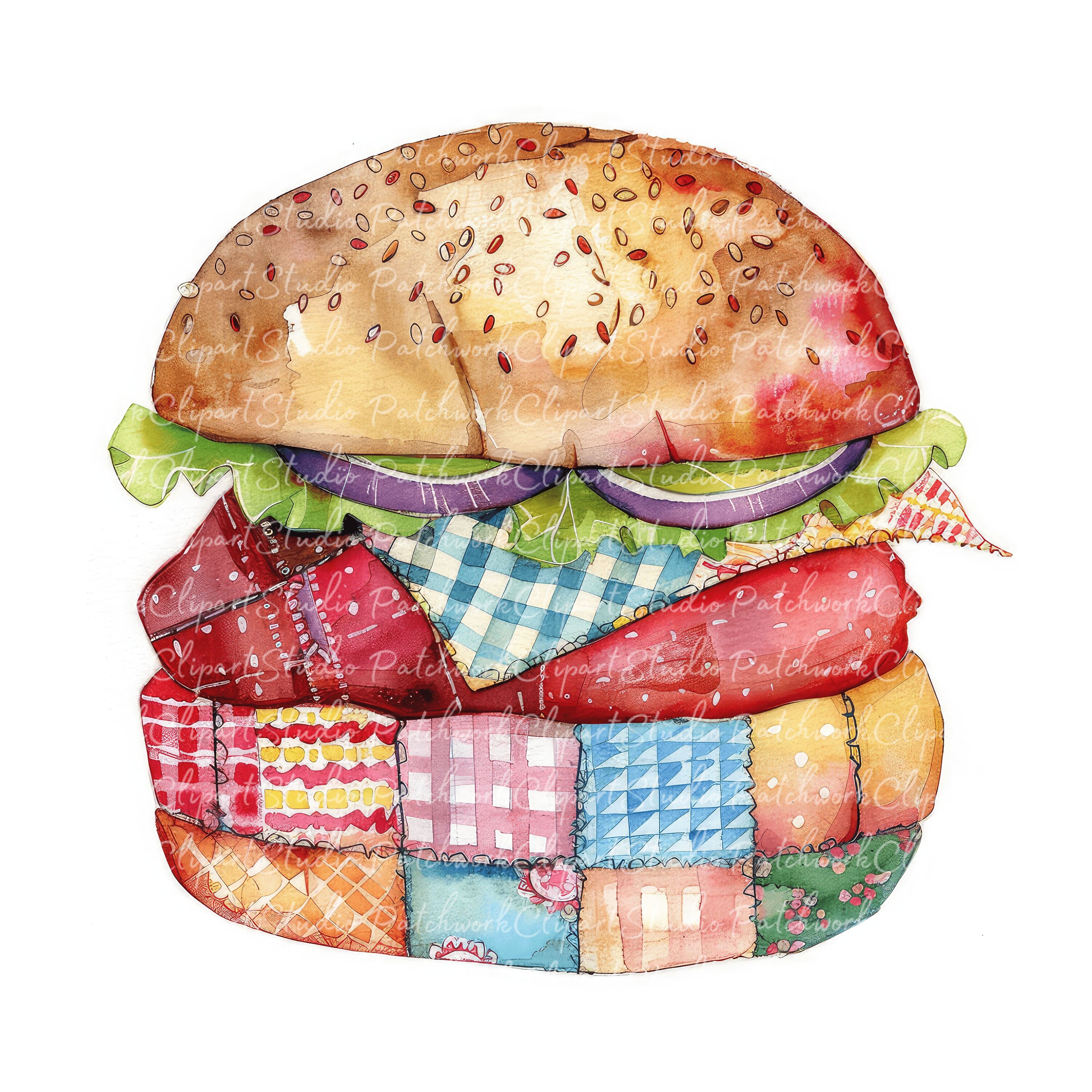 10 Hamburgers Clipart Bundle, PNG & JPG, Printable Patchwork Burger ...