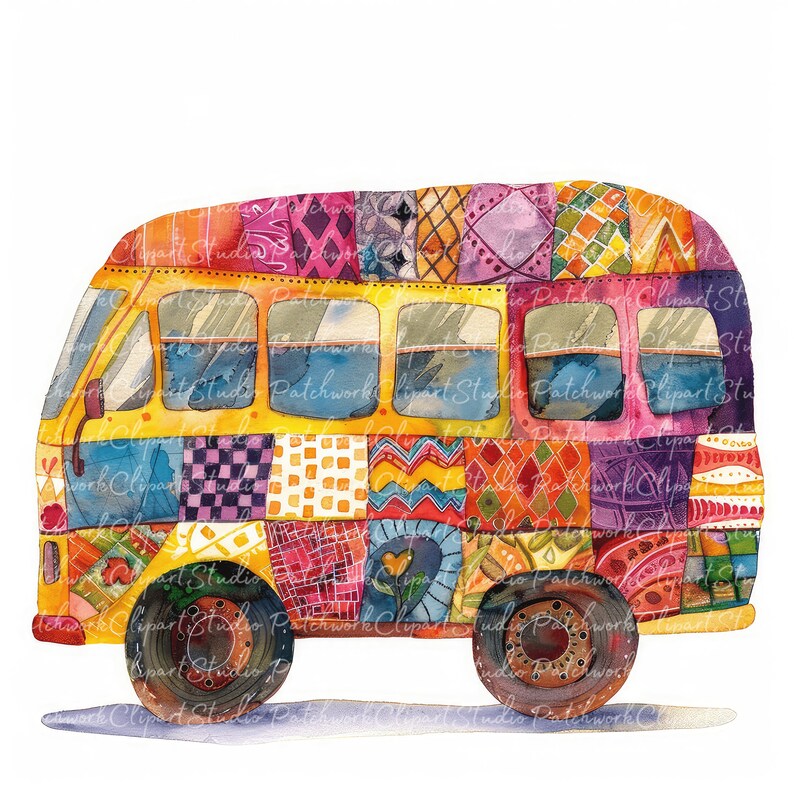 10 Buses Clipart Bundle, Printable Patchwork Bus, Quilted Fabric ...