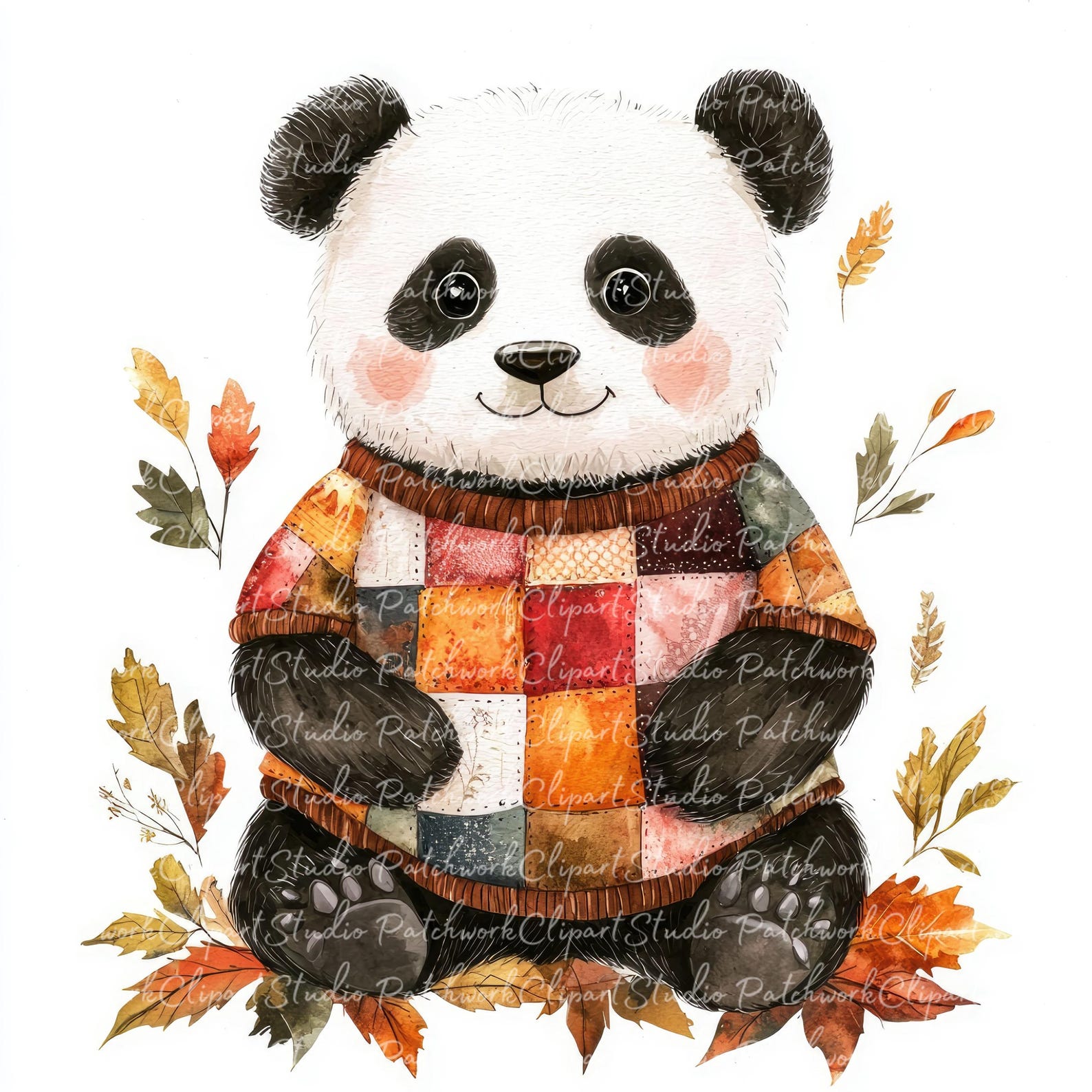 10 Autumn Panda Clipart Bundle, PNG & JPG, Printable Patchwork, Panda ...