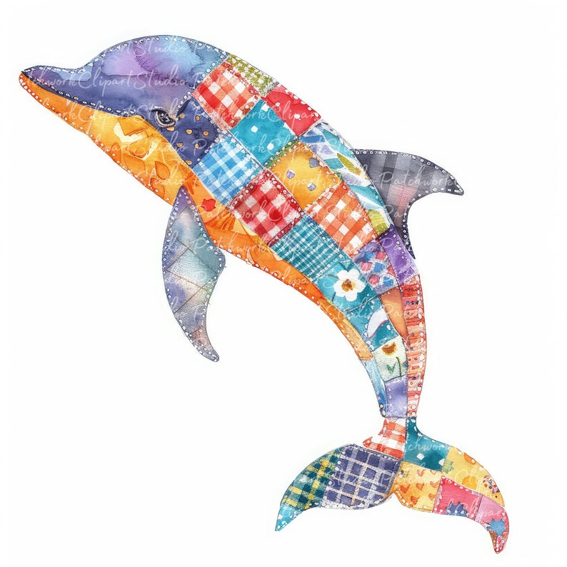 10 Dolphins Clipart Bundle, PNG & JPG, Printable Patchwork Dolphin ...