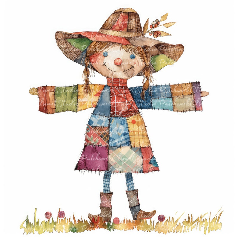 10 Scarecrows Clipart Bundle, PNG & JPG, Printable Patchwork Scarecrow ...