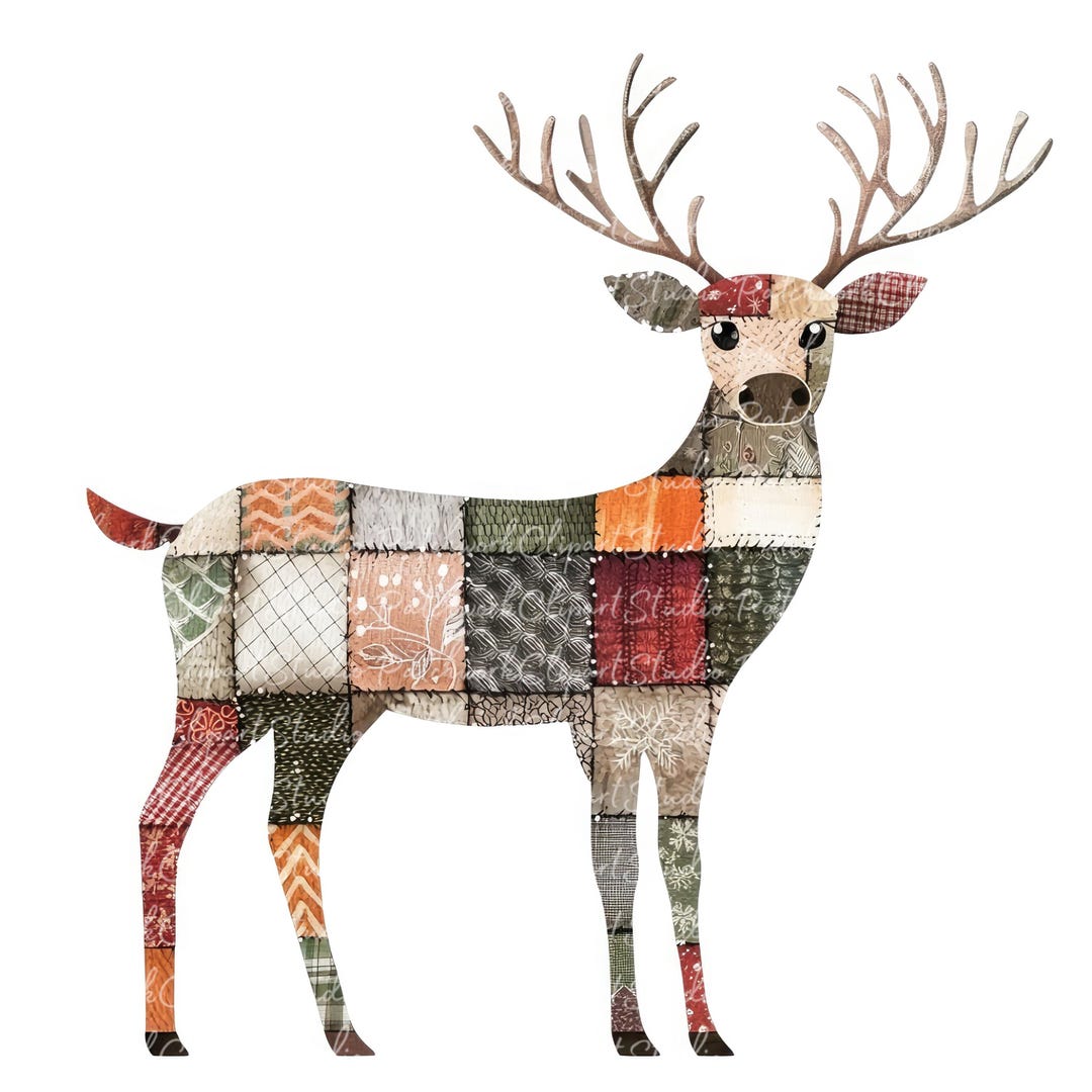 10 Reindeer Clipart Bundle, PNG & JPG, Printable Patchwork Reindeer ...