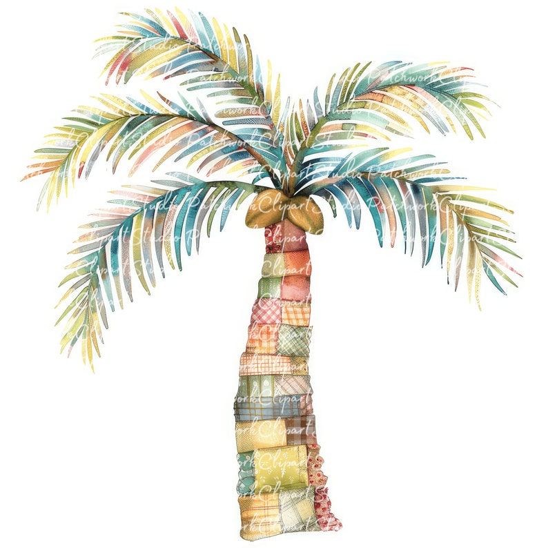 10 Palm Trees Clipart Bundle, PNG & JPG, Printable Patchwork Palm Tree ...