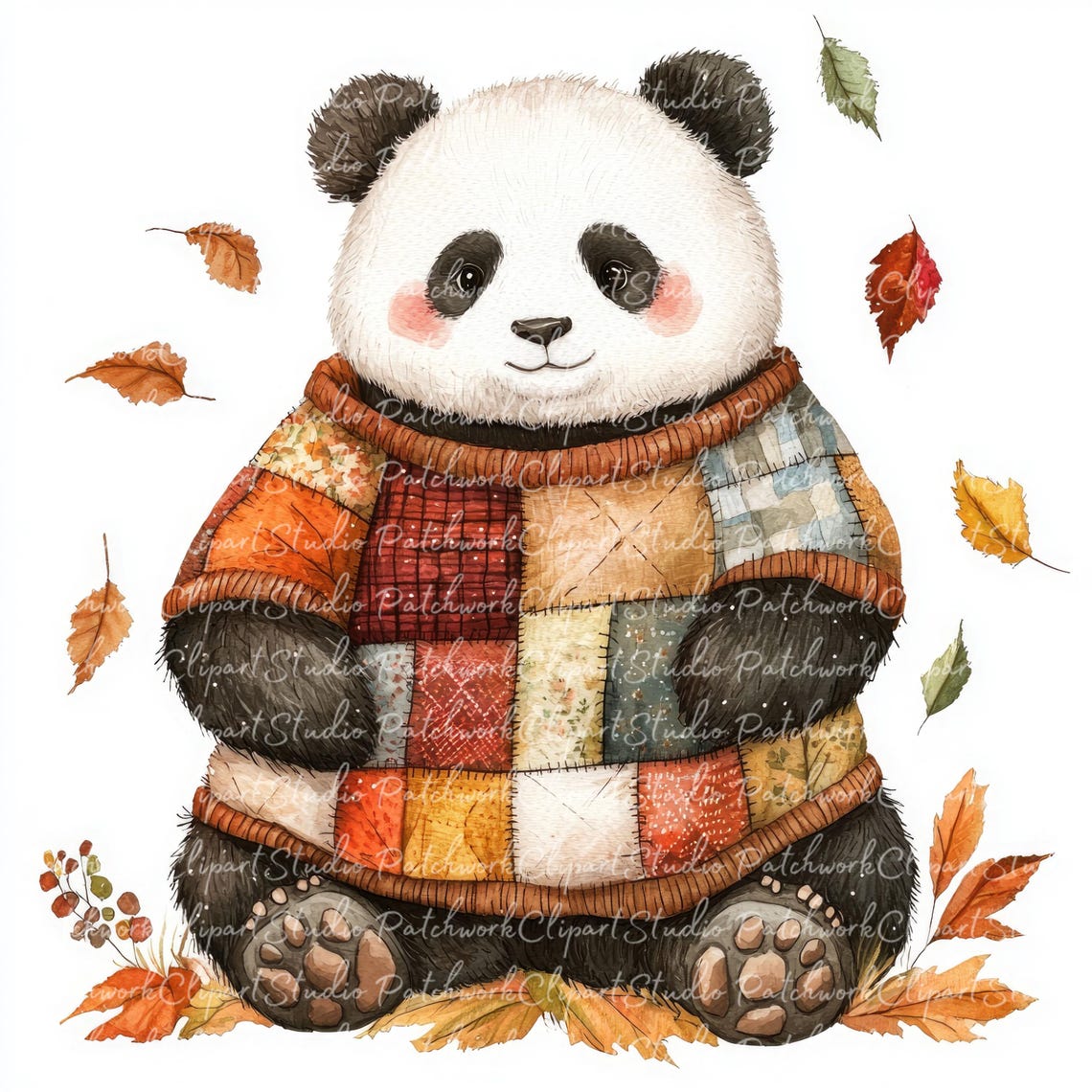 10 Autumn Panda Clipart Bundle, PNG & JPG, Printable Patchwork, Panda ...