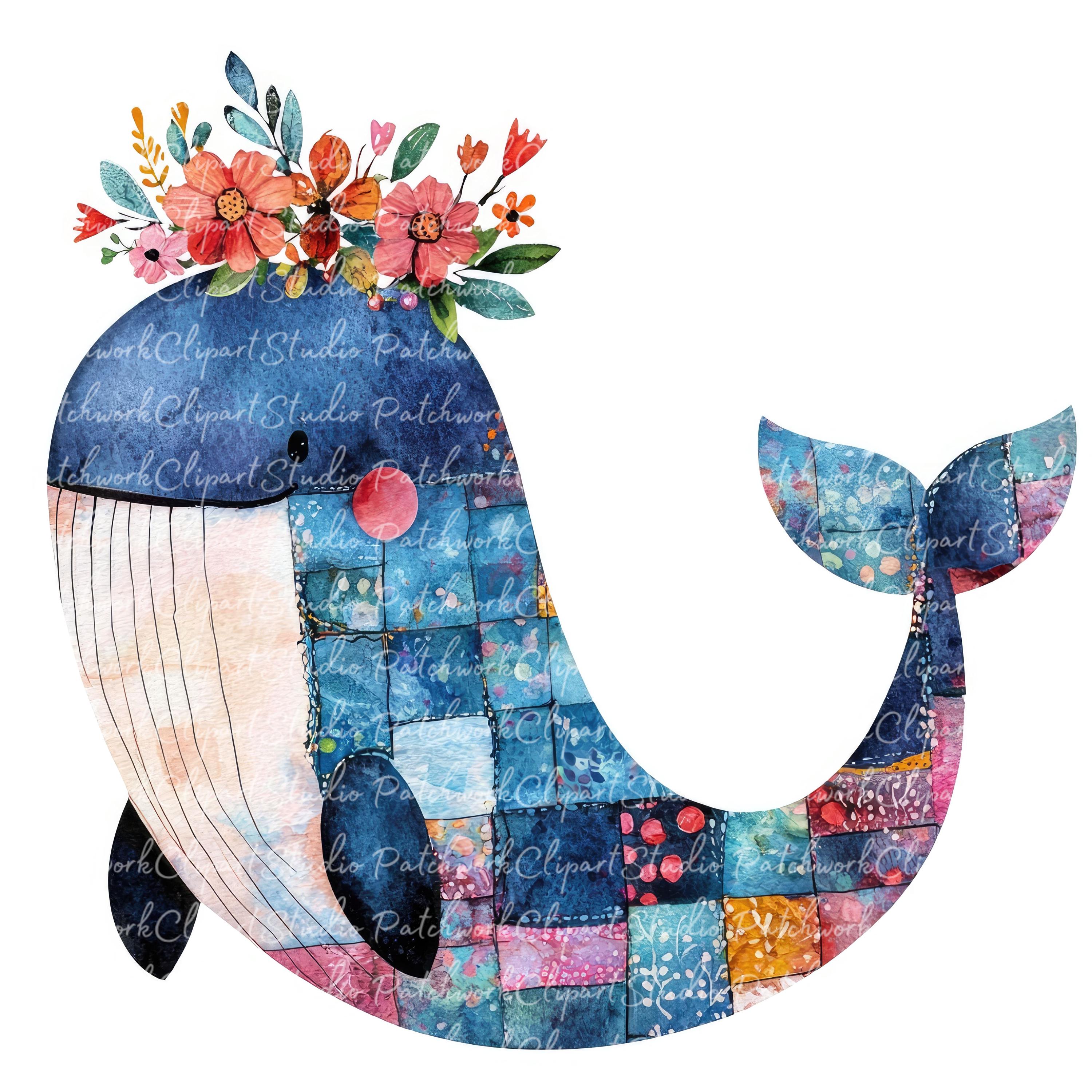 10 Floral Whale Clipart Bundle, PNG & JPG, Printable Patchwork Whale ...