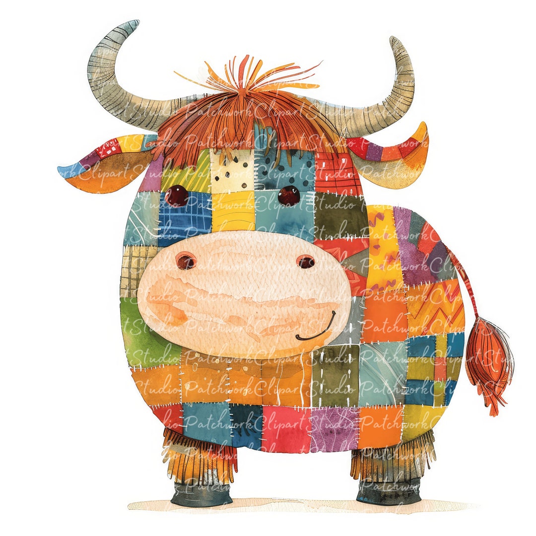 10 Highland Cows Clipart Bundle, PNG & JPG, Printable Patchwork Cow ...