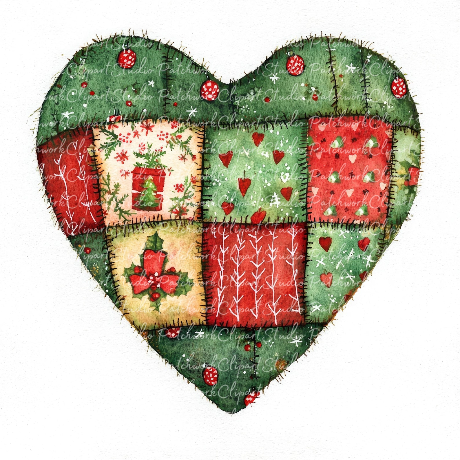 10 Christmas Heart Clipart Bundle, PNG & JPG, Printable Patchwork, XMAS ...