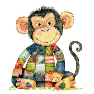 10 Monkeys Clipart Bundle, PNG & JPG, Printable Patchwork Monkey, Illustrations, Digital ...