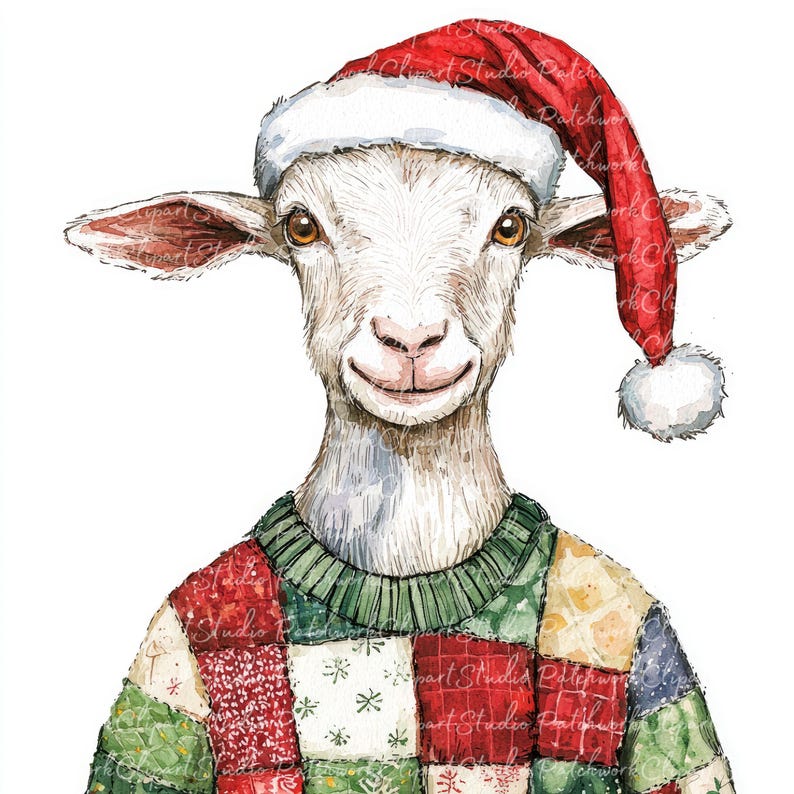 10 Christmas Goat Clipart Bundle, PNG & JPG, Printable Patchwork, XMAS ...