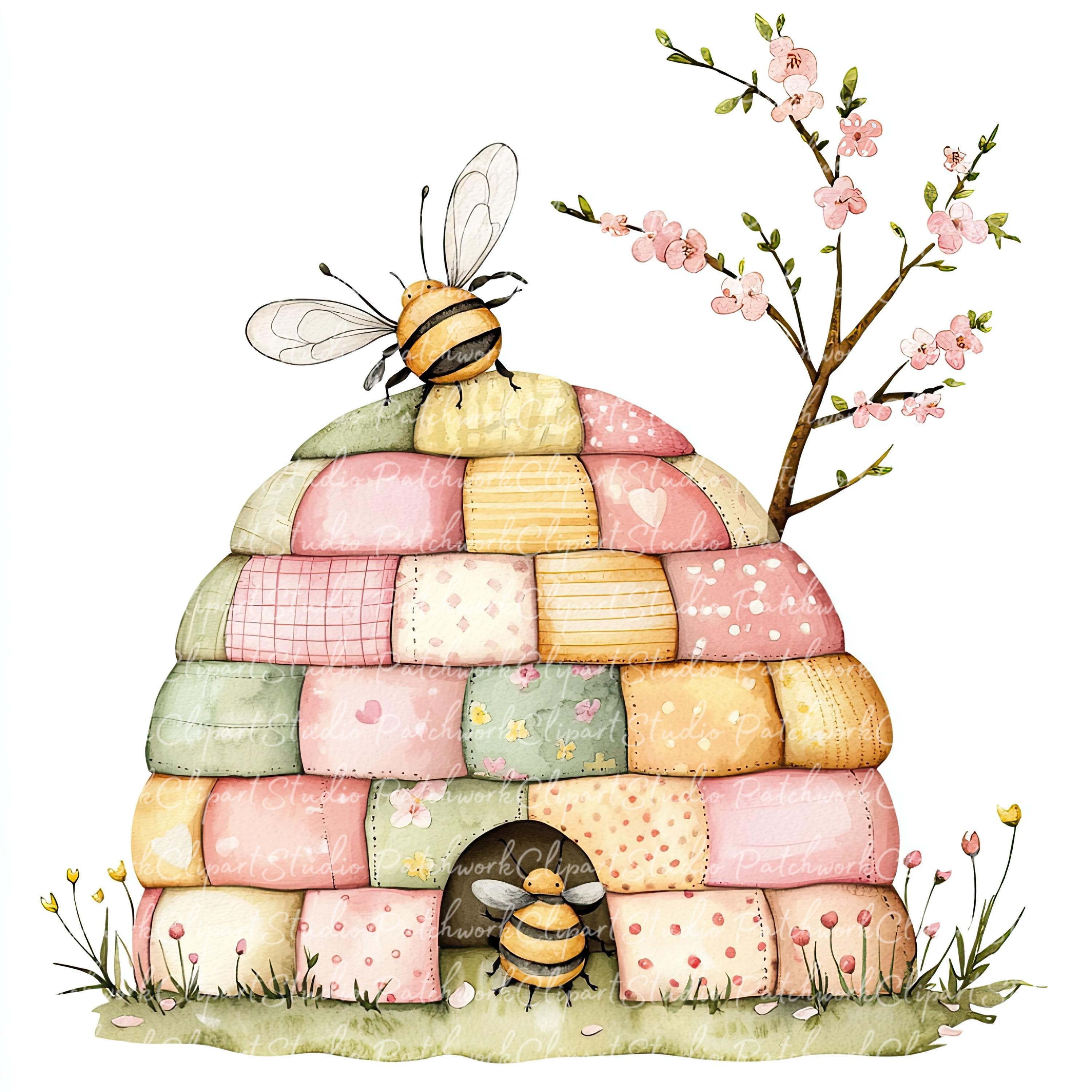 16 Spring Beehive Clipart Bundle, PNG & JPG, Printable Patchwork, Bee ...
