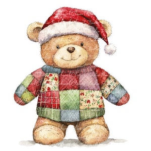 10 Christmas Teddy Bear Clipart Bundle, PNG & JPG, Printable Patchwork ...