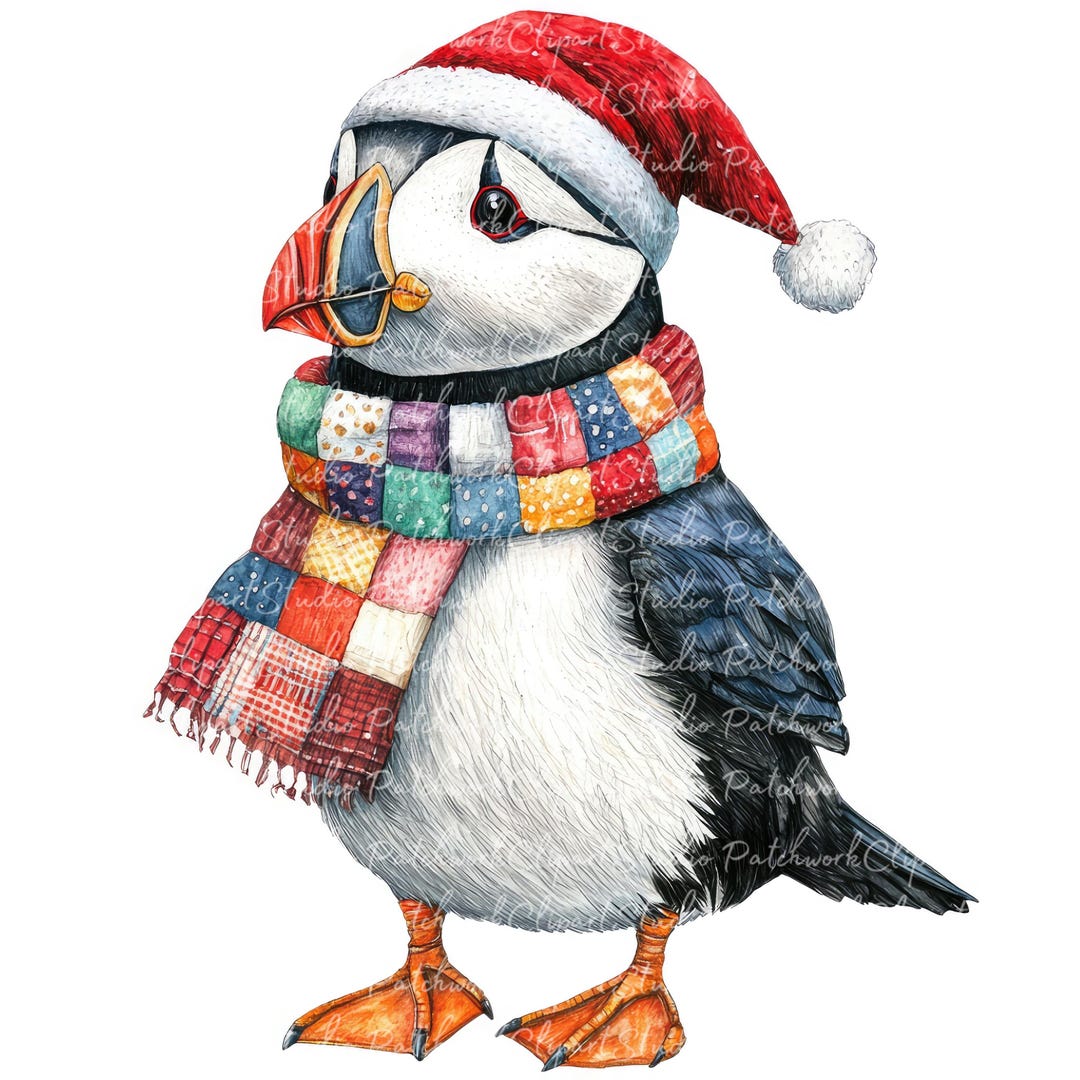 10 Christmas Puffin Clipart Bundle, PNG & JPG, Printable Patchwork ...