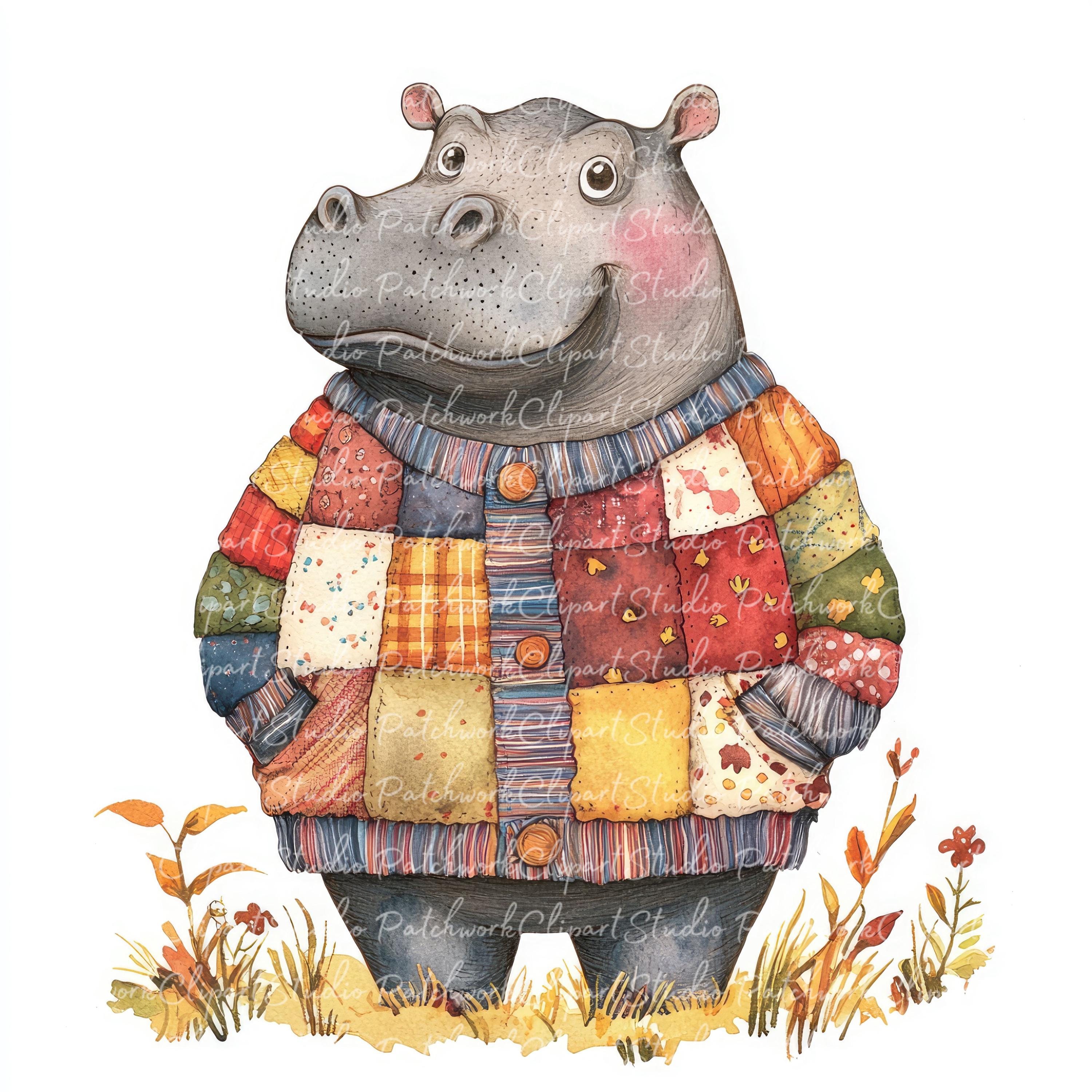 10 Autumn Hippo Clipart Bundle, PNG & JPG, Printable Patchwork, Hippo ...