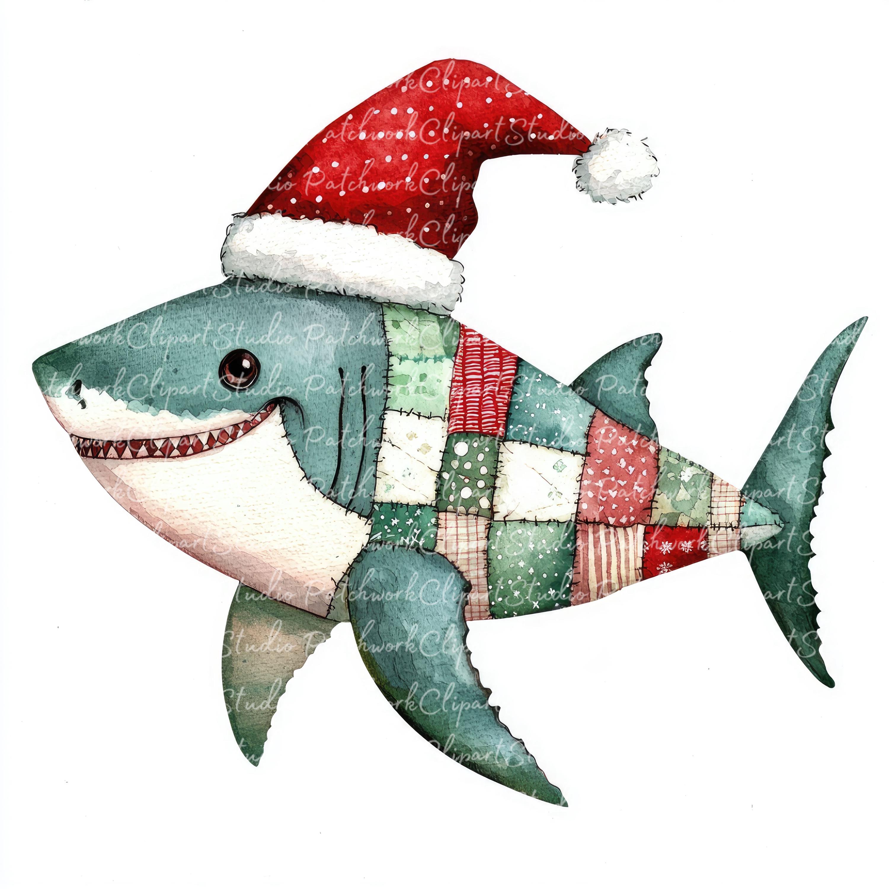10 Christmas Shark Clipart Bundle, PNG & JPG, Printable Patchwork ...