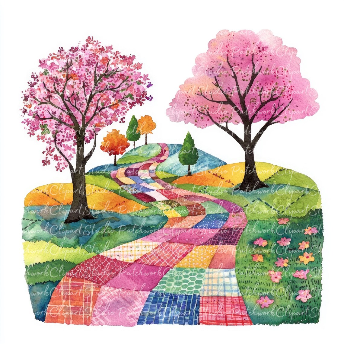 10 Spring Road Clipart Bundle, PNG & JPG, Printable Patchwork, Pink ...