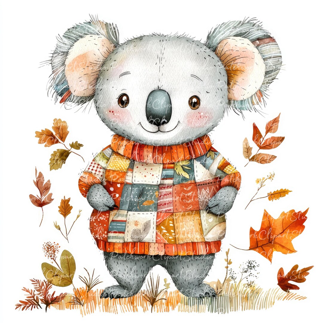 10 Autumn Koala Clipart Bundle, PNG & JPG, Printable Patchwork, Koala ...