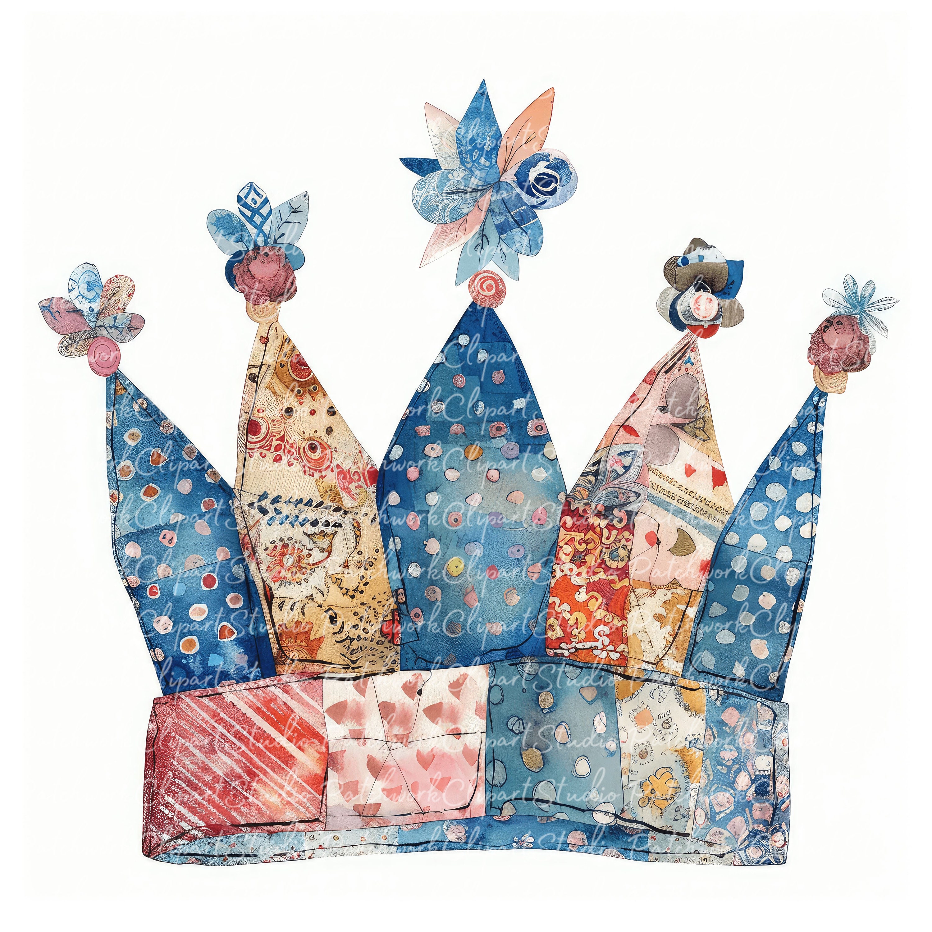10 Blue Crown Clipart Bundle, PNG & JPG, Printable Patchwork Crowns ...