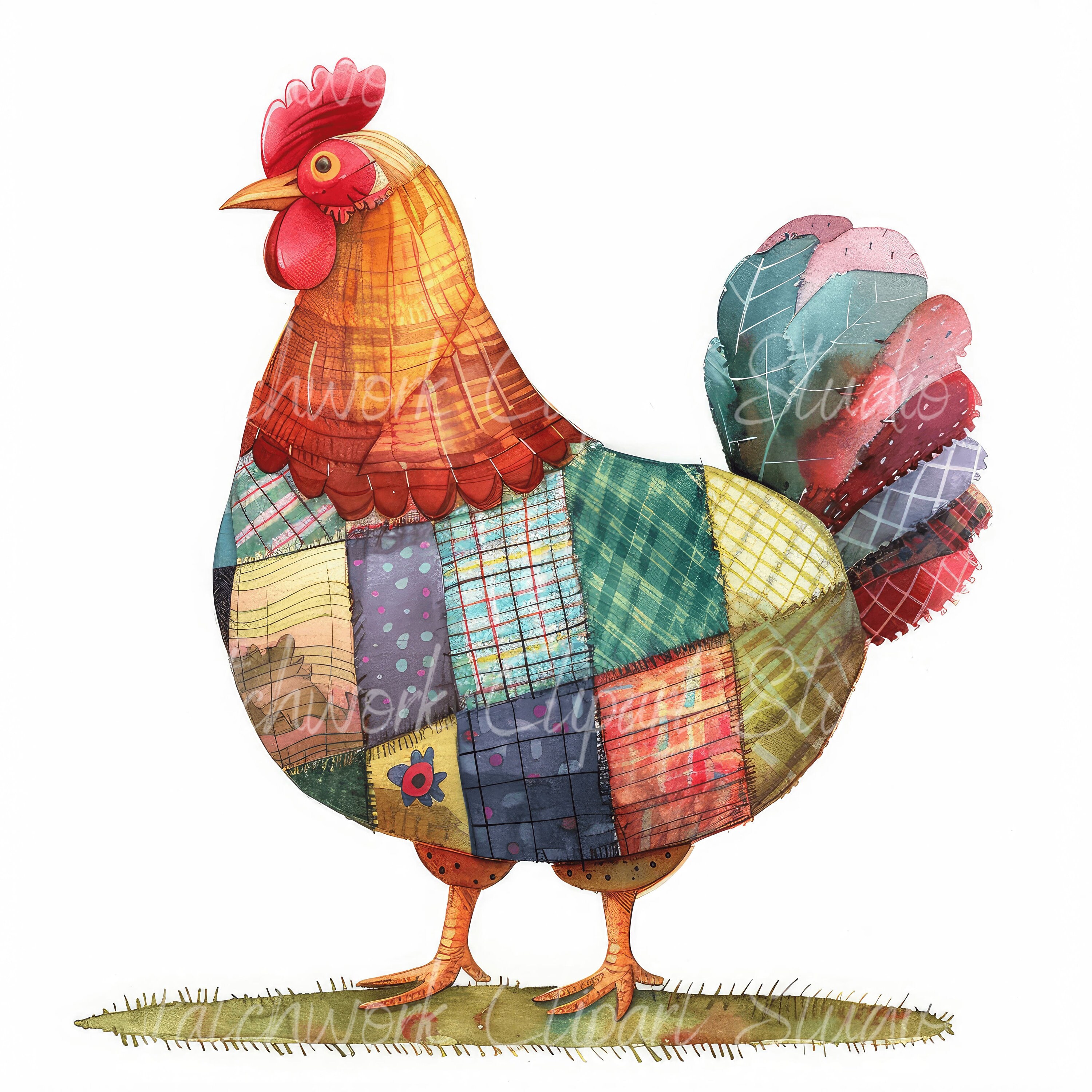 10 Chickens Clipart Bundle, Printable Patchwork Chicken, Quilted Fabric Illustrations, Digital ...