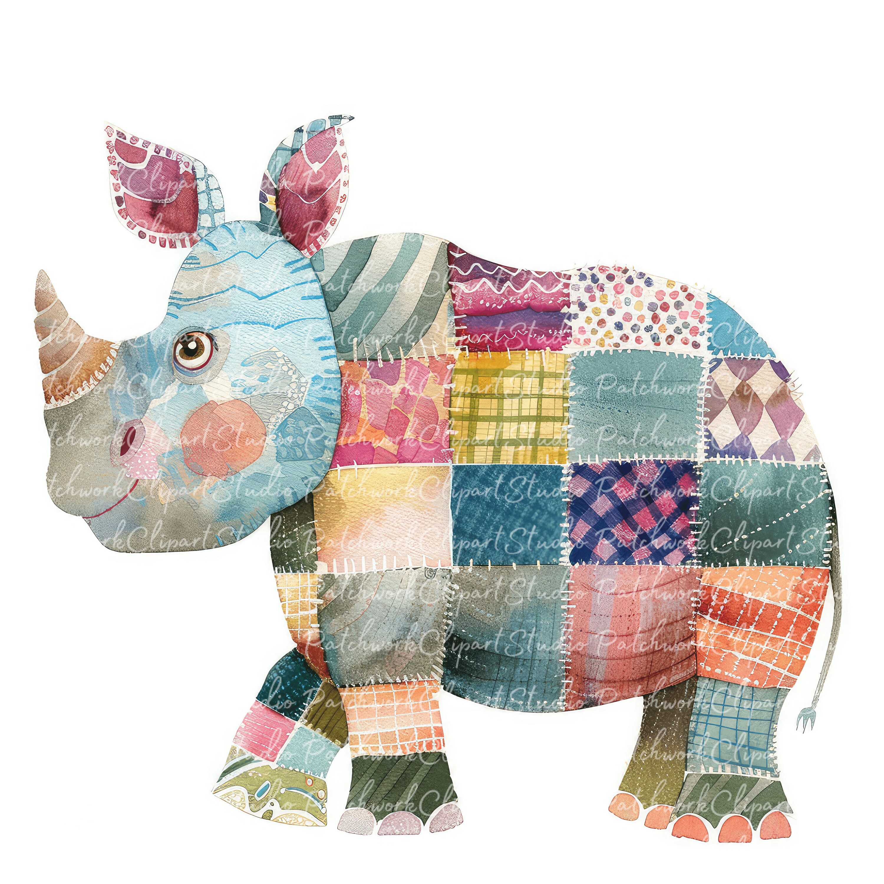 10 Rhinos Clipart Bundle, Printable Patchwork Rhinoceros, Quilted ...