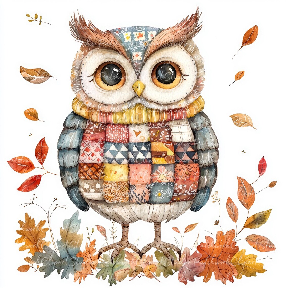 10 Autumn Owl Clipart Bundle, PNG & JPG, Printable Patchwork, Owl in ...