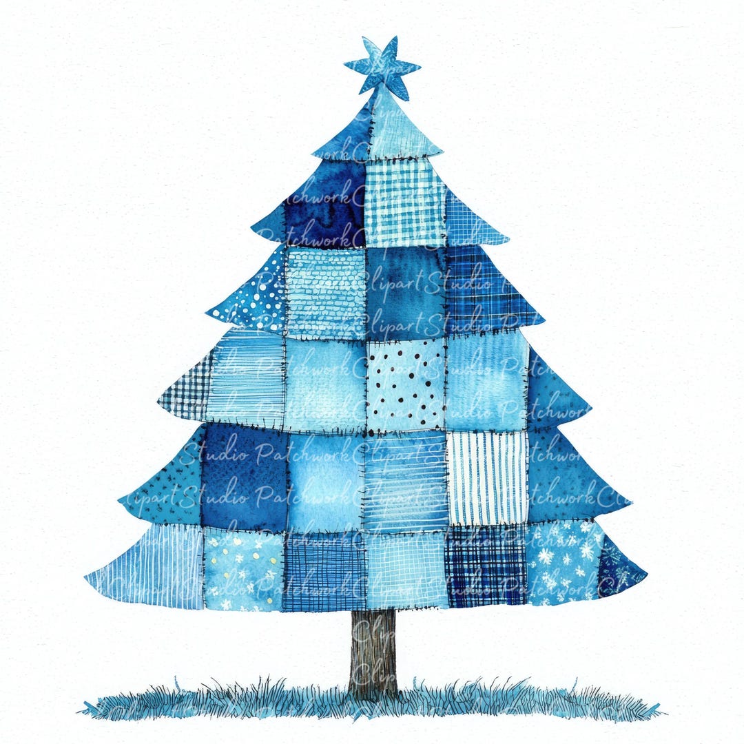 10 Blue Christmas Tree Clipart Bundle, PNG & JPG, Printable Patchwork ...