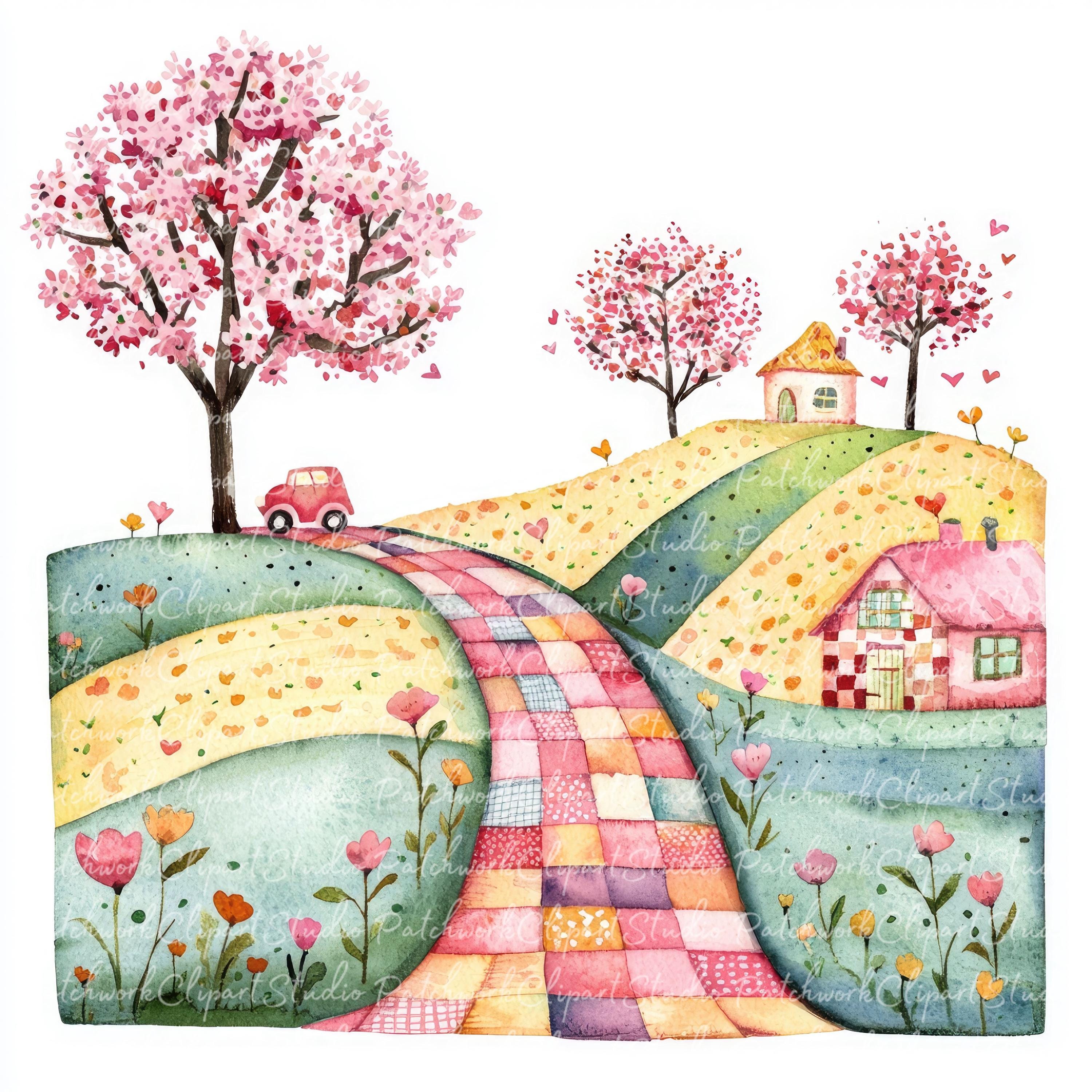 10 Spring Road Clipart Bundle, PNG & JPG, Printable Patchwork, Pink ...