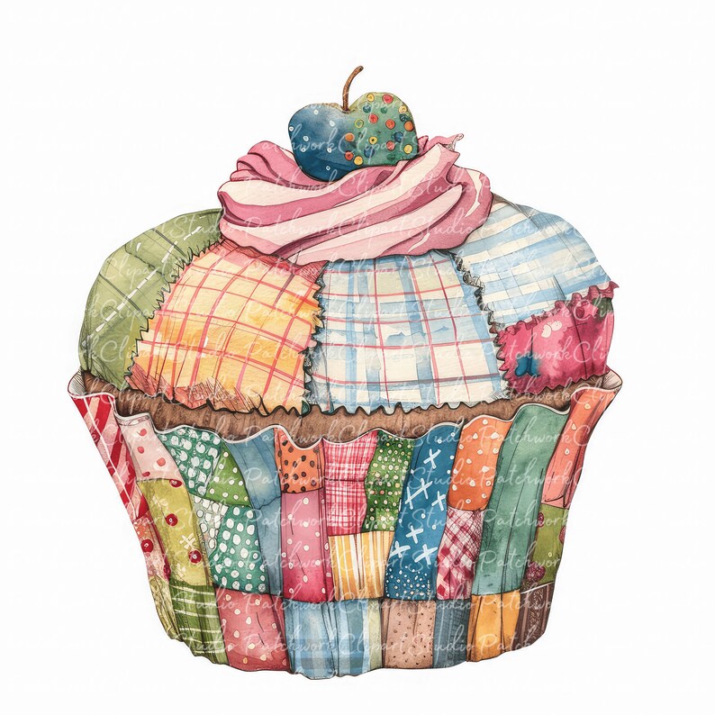 10 Cupcakes Clipart Bundle, PNG & JPG, Printable Patchwork Cupcake, Illustrations, Digital ...