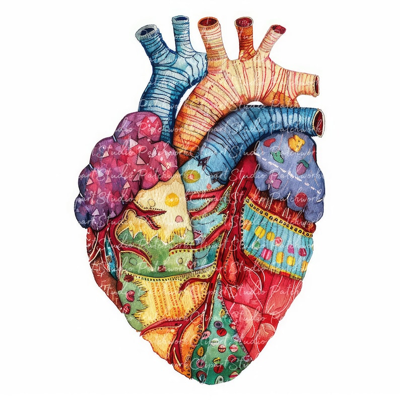 10 Human Heart Clipart Bundle, PNG & JPG, Printable Patchwork Anatomy ...