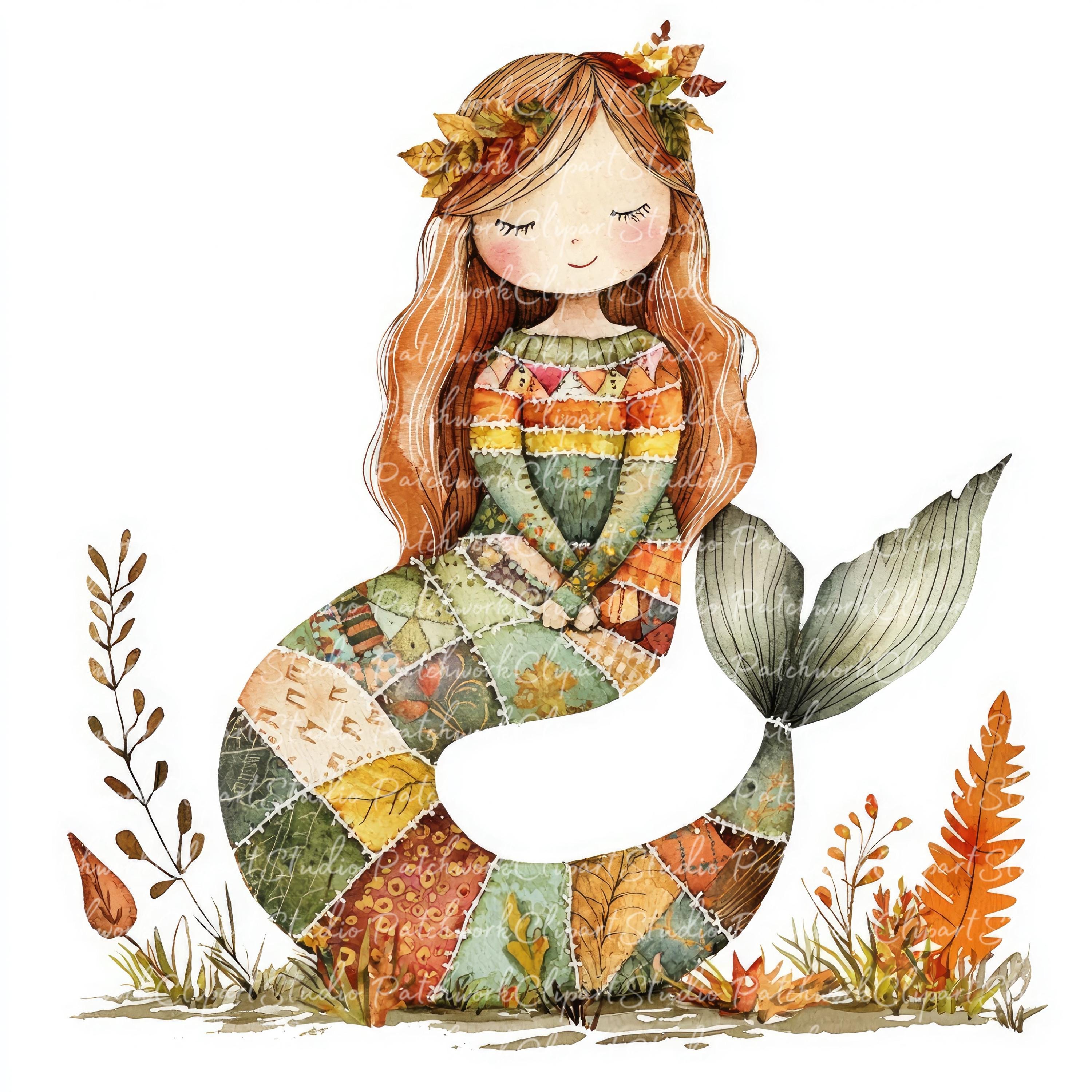 10 Autumn Mermaid Clipart Bundle, PNG & JPG, Printable Patchwork ...