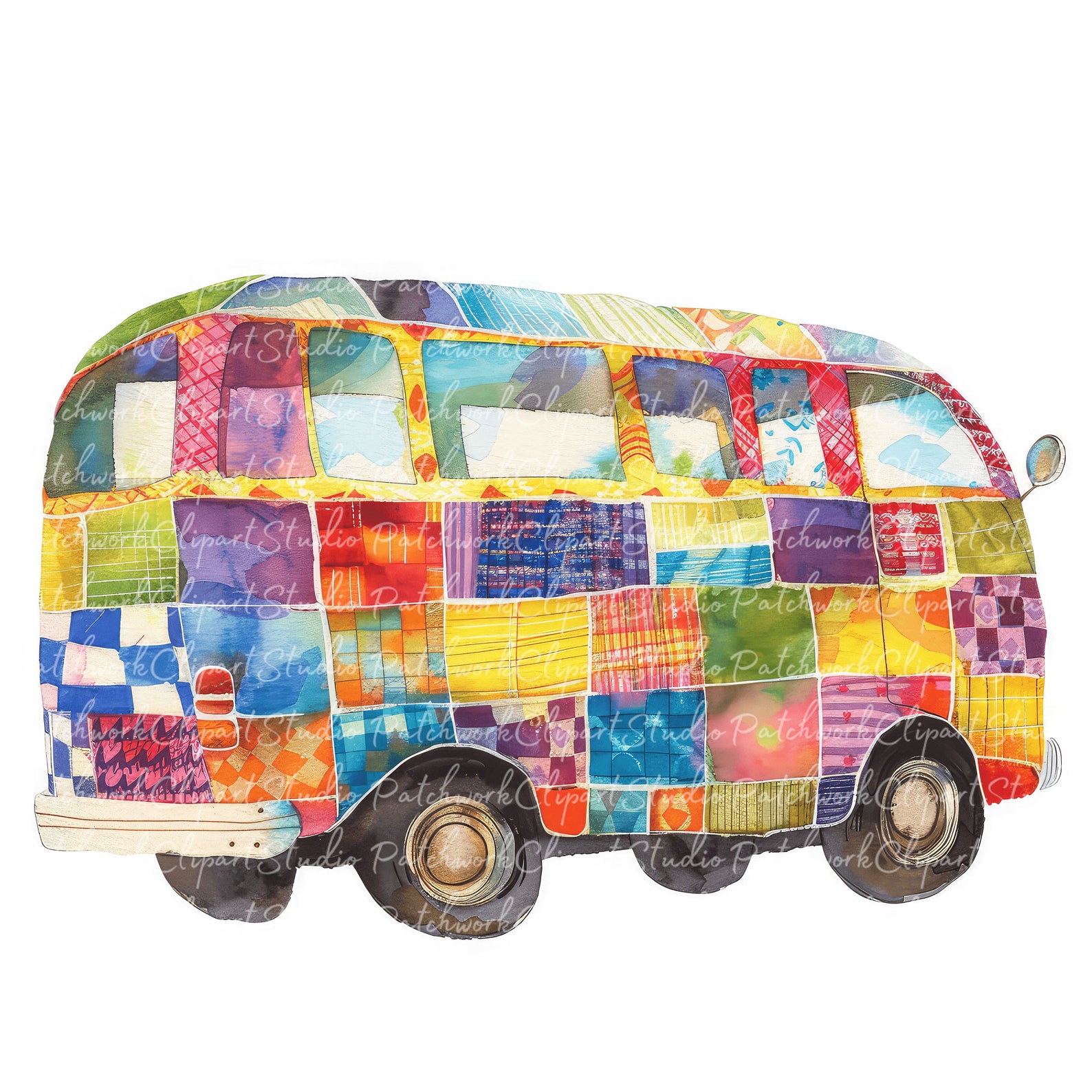 10 Buses Clipart Bundle, PNG & JPG, Printable Patchwork Bus ...