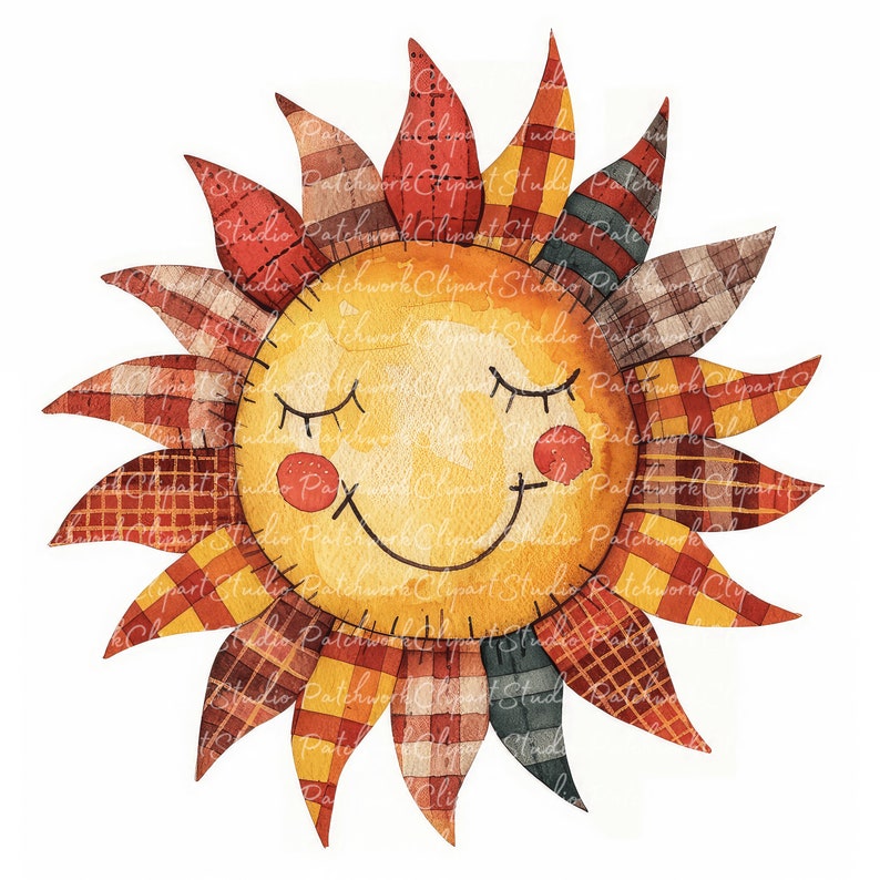 10 Sun Clipart Bundle, PNG & JPG, Printable Patchwork Suns, Smiling Sun ...