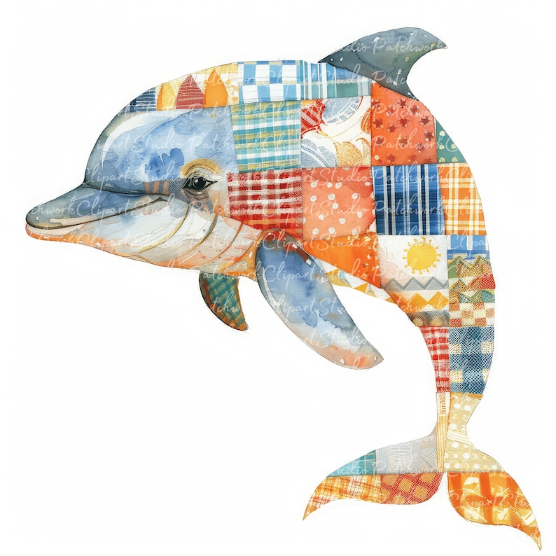 10 Dolphins Clipart Bundle, PNG & JPG, Printable Patchwork Dolphin ...