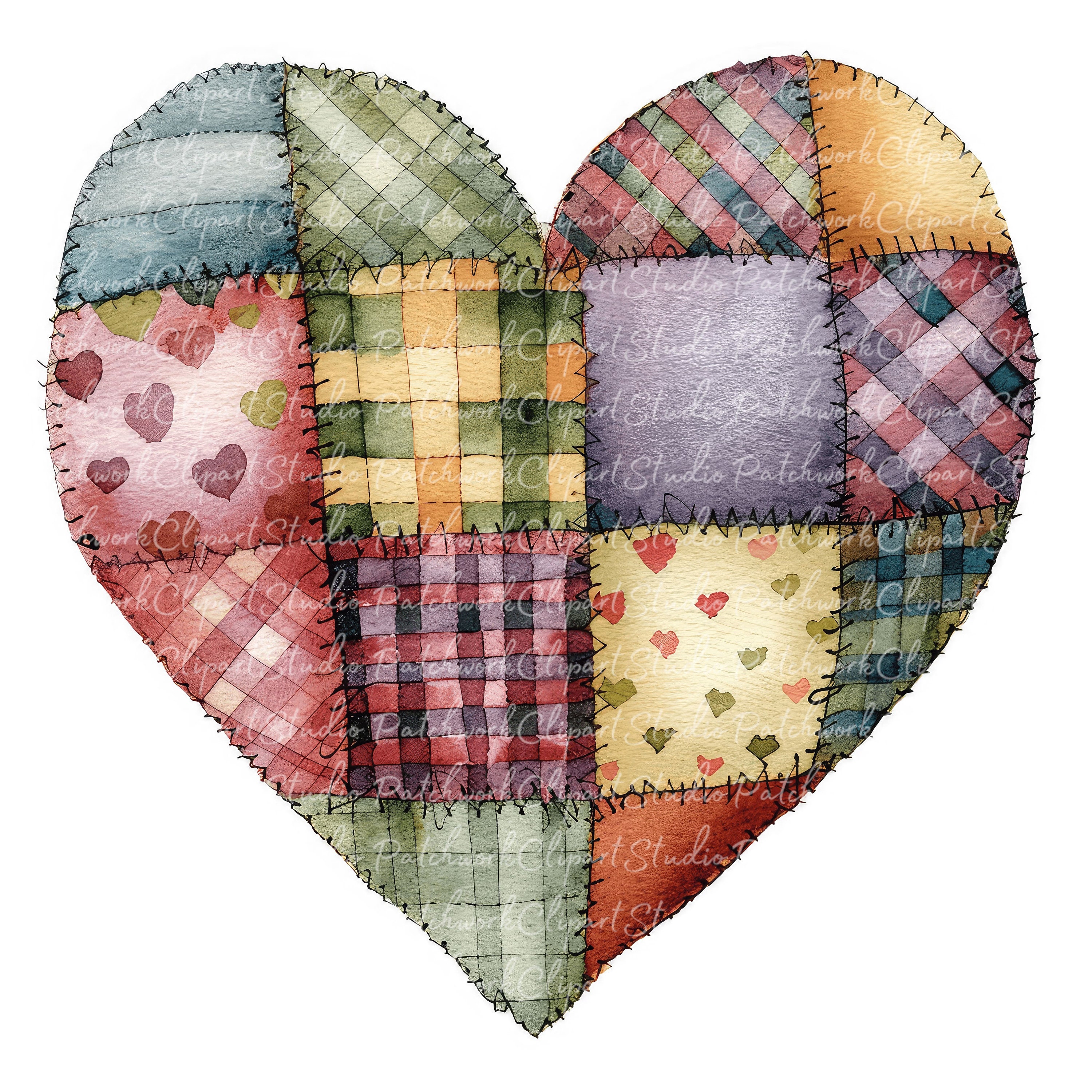 10 Hearts Clipart Bundle, PNG & JPG, Printable Patchwork Heart, Illustrations, Digital Download ...