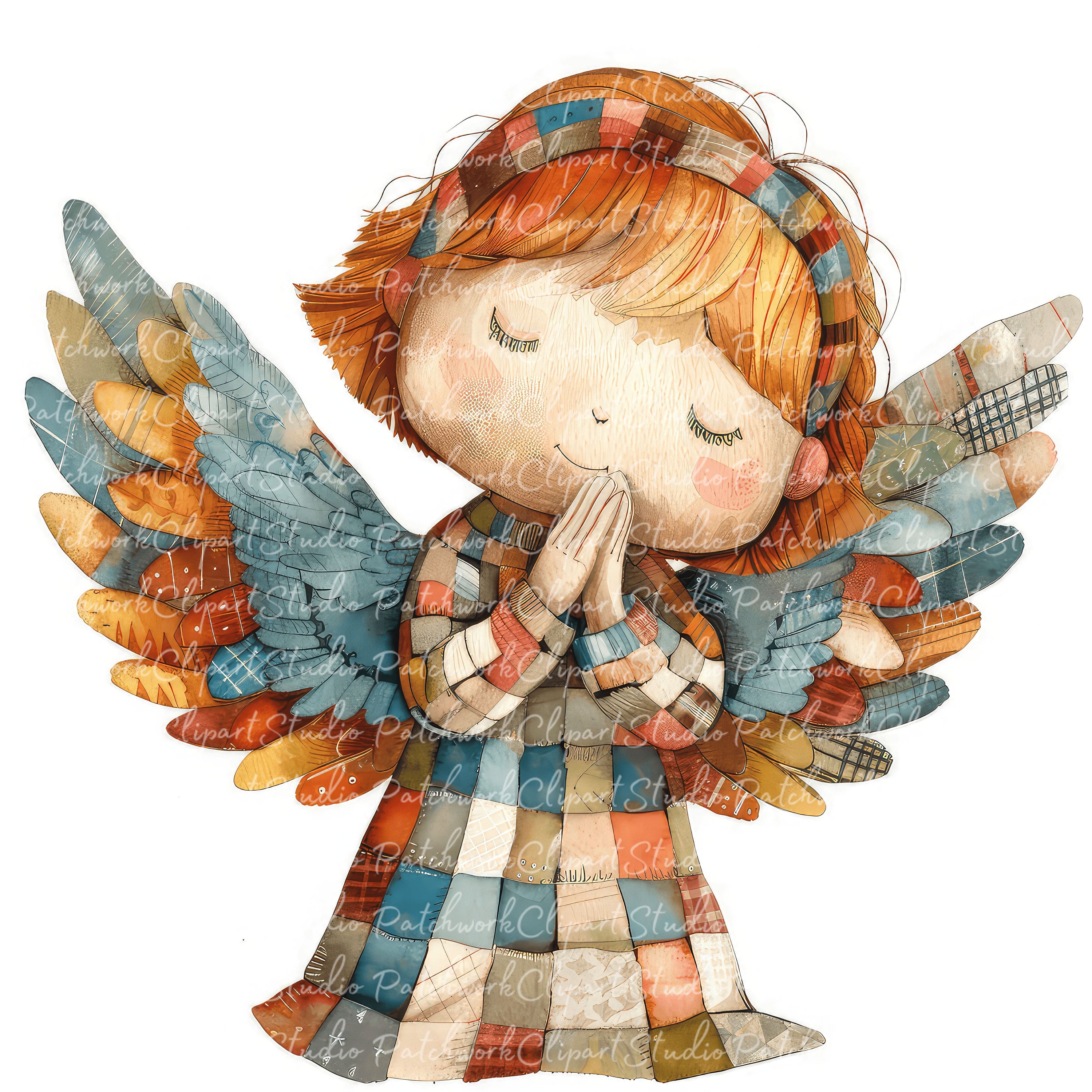 10 Praying Angels Clipart Bundle, PNG & JPG, Printable Patchwork Angel, Illustrations, Digital ...