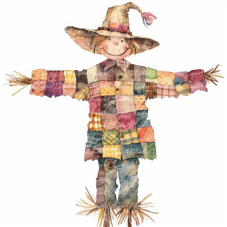 10 Scarecrows Clipart Bundle, PNG & JPG, Printable Patchwork Scarecrow ...