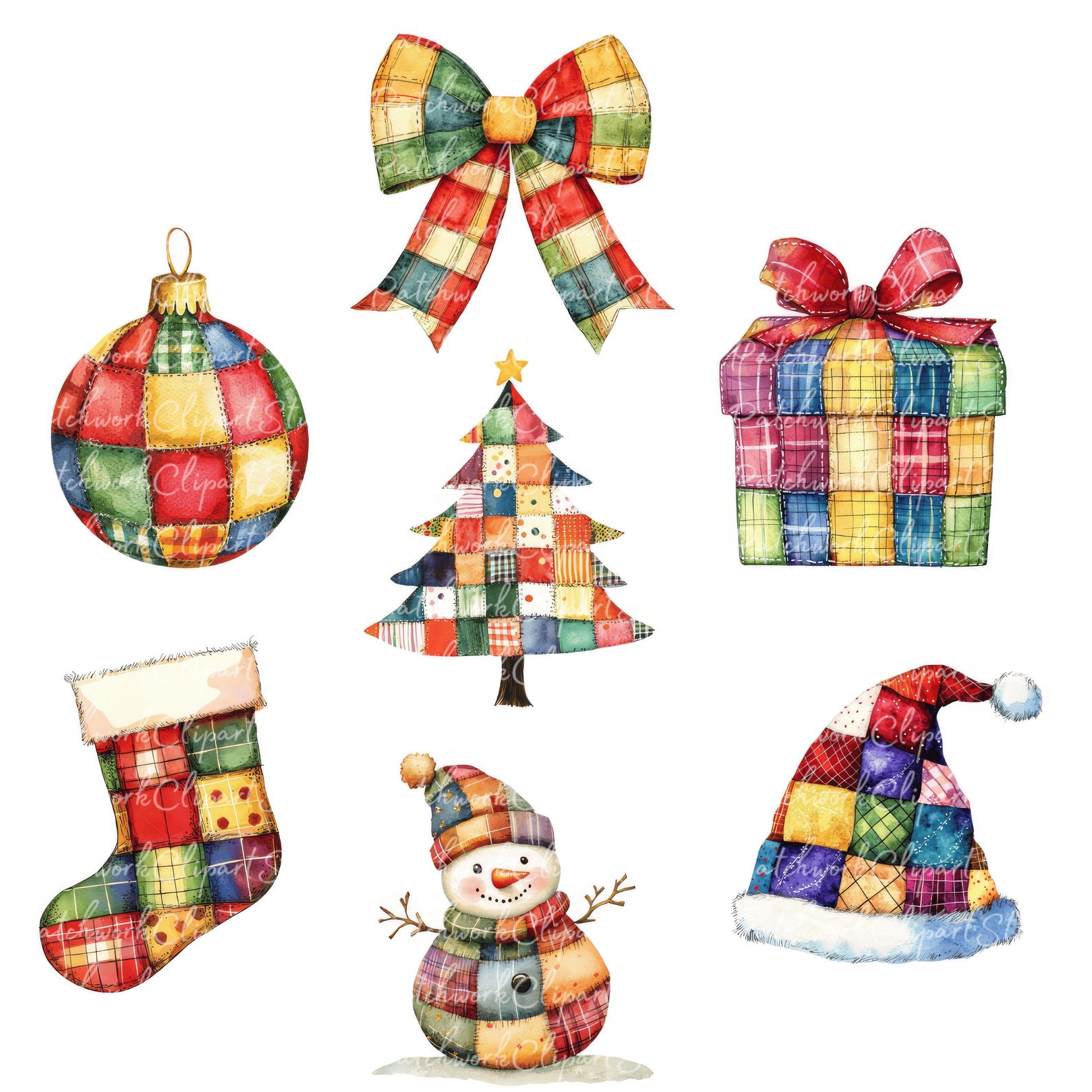 10 Patchwork Christmas Clipart Bundle, PNG & JPG, Printable Patchwork ...