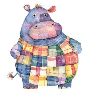 10 Hippo Clipart Bundle, PNG & JPG, Printable Patchwork Hippopotamus, Illustrations, Digital ...