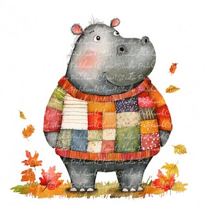 10 Autumn Hippo Clipart Bundle, PNG & JPG, Printable Patchwork, Hippo ...