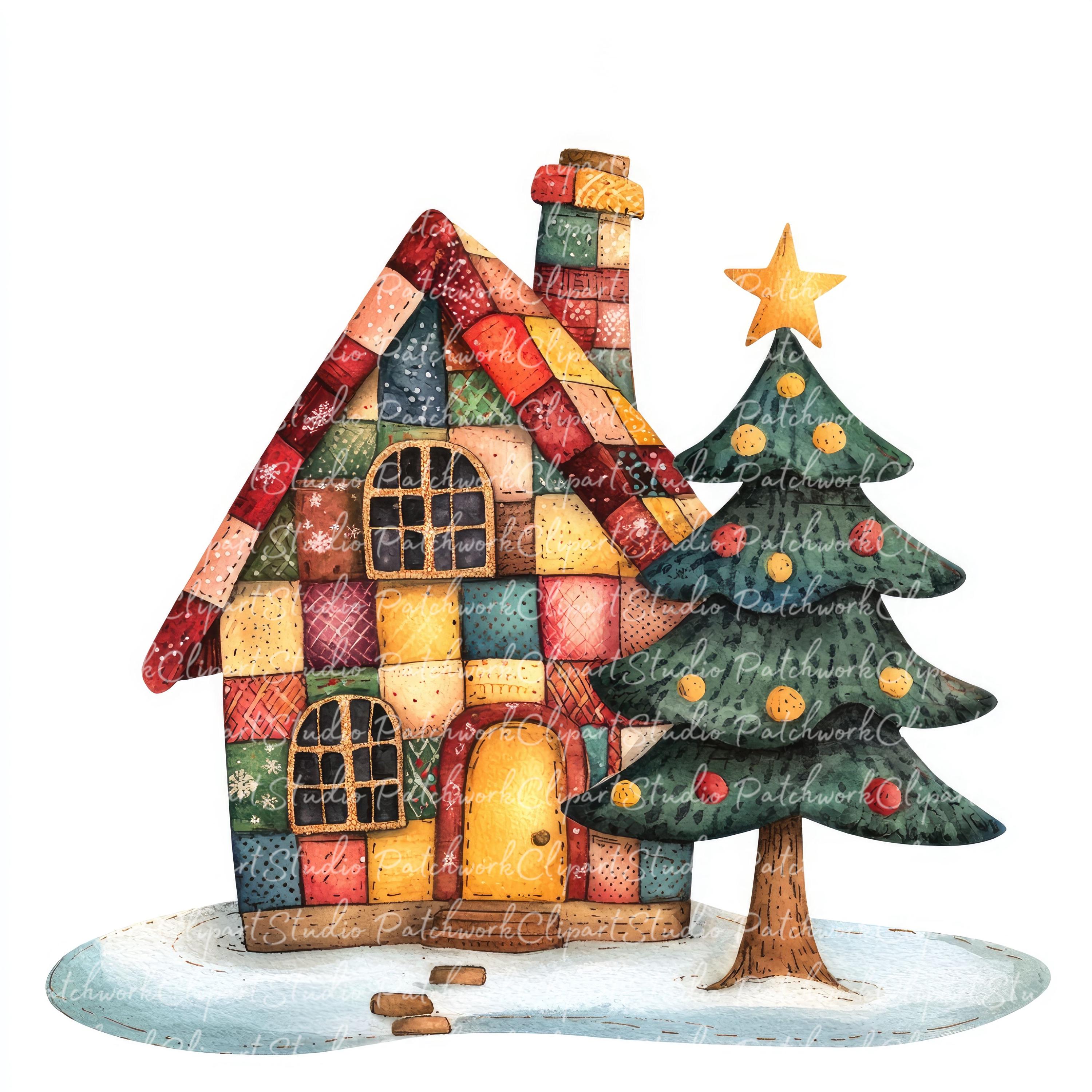 10 Christmas House Clipart Bundle, PNG & JPG, Printable Patchwork, Xmas ...