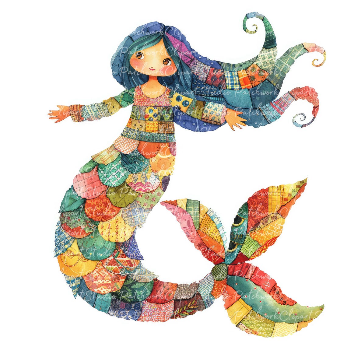 10 Mermaids Clipart Bundle, PNG & JPG, Printable Patchwork Mermaid ...