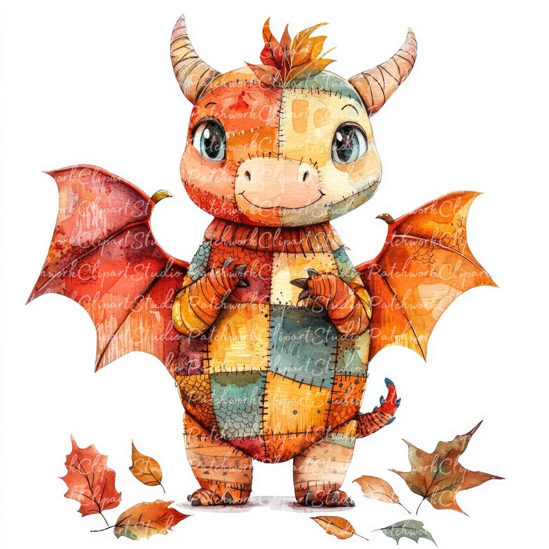 10 Autumn Dragon Clipart Bundle, PNG & JPG, Printable Patchwork, Dragon ...