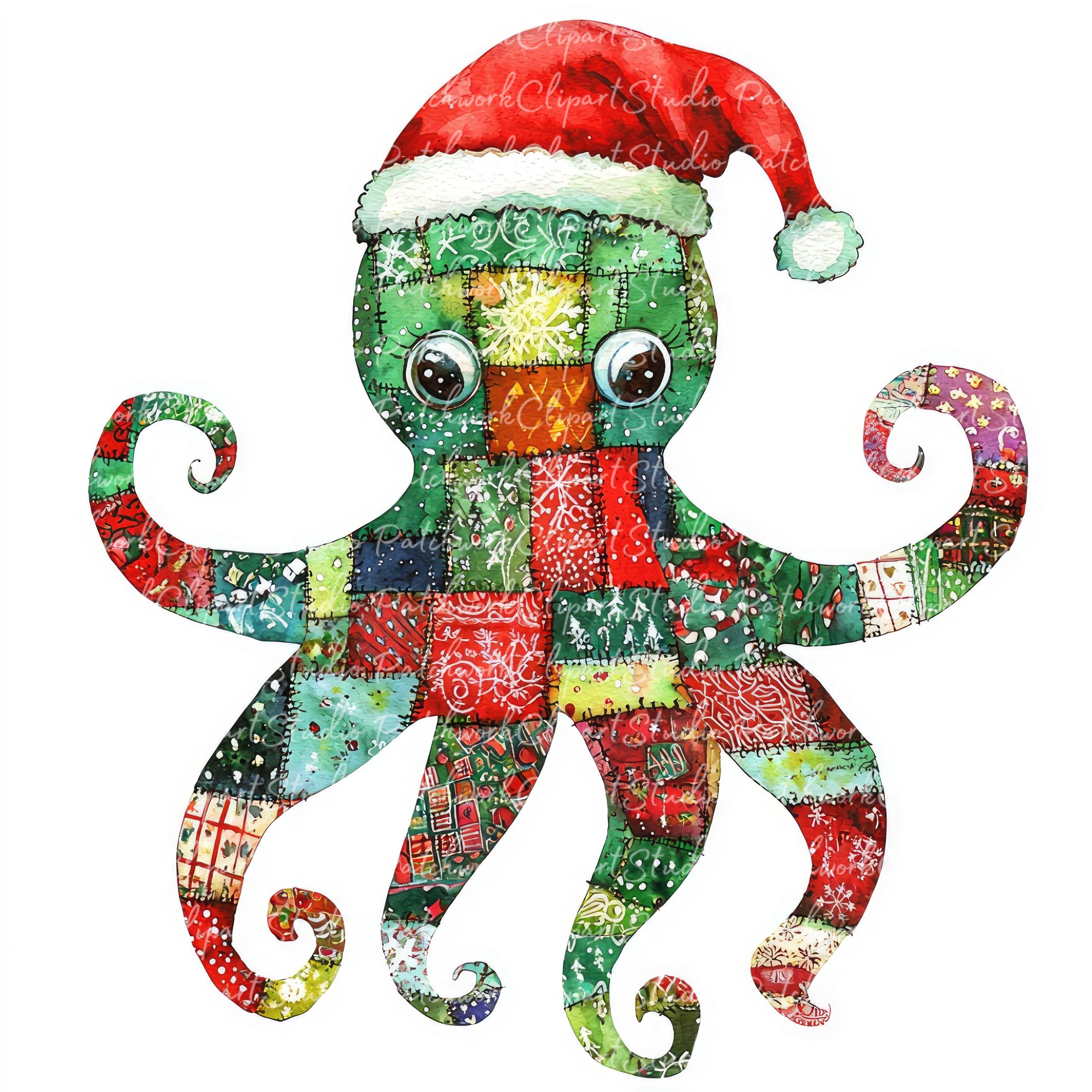 10 Christmas Octopus Clipart Bundle, PNG & JPG, Printable Patchwork ...