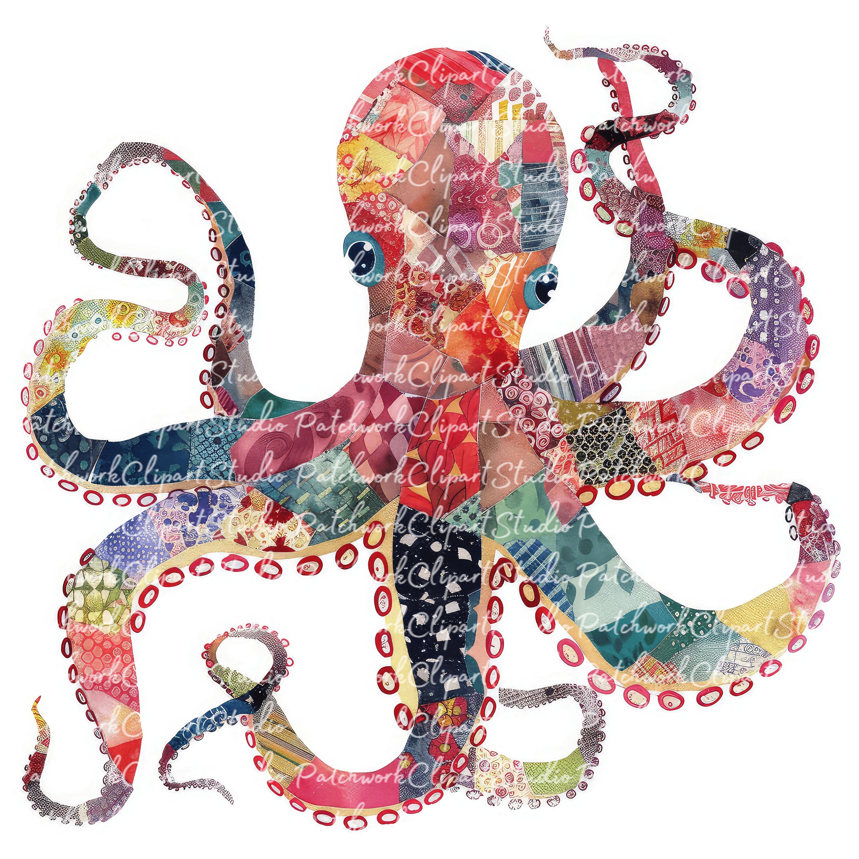 10 Octopus Clipart Bundle, Printable Patchwork Octopus, Quilted Fabric ...